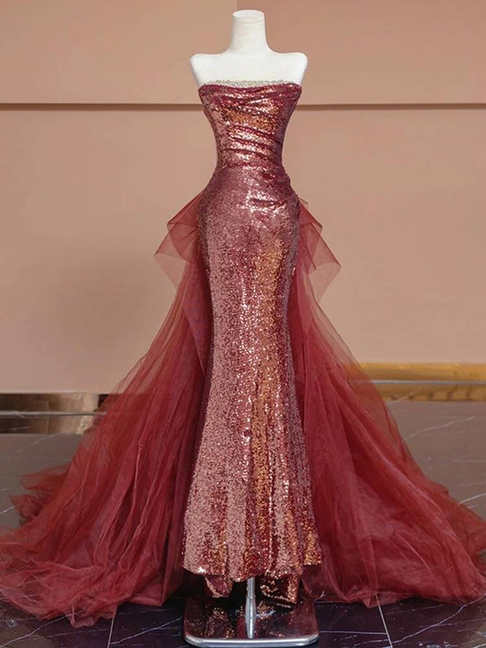 Modest Mermaid Strapless Sequin Pink Long Prom Dresses Party Dress 20t ...