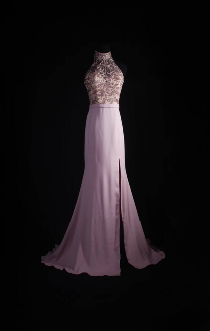 Classic Mermaid High Neckline Beads Pink Chiffon Long Prom Dress Inspi ...
