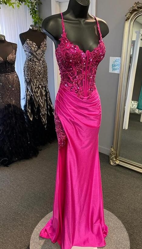 Classic Mermaid Spaghetti Straps Pink Satin Lace Long Prom Dress Inspi ...