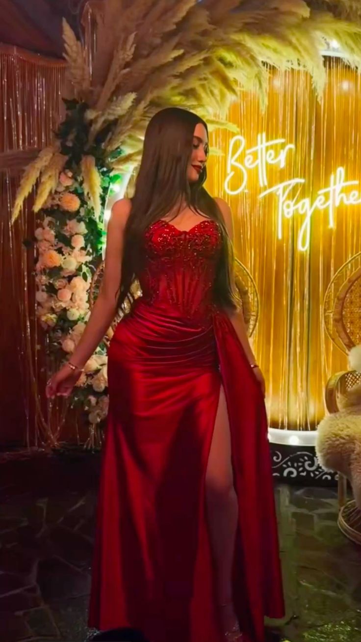 Stunning Mermaid Spaghetti Straps Red Satin Slit Prom Dresses Inspirat ...