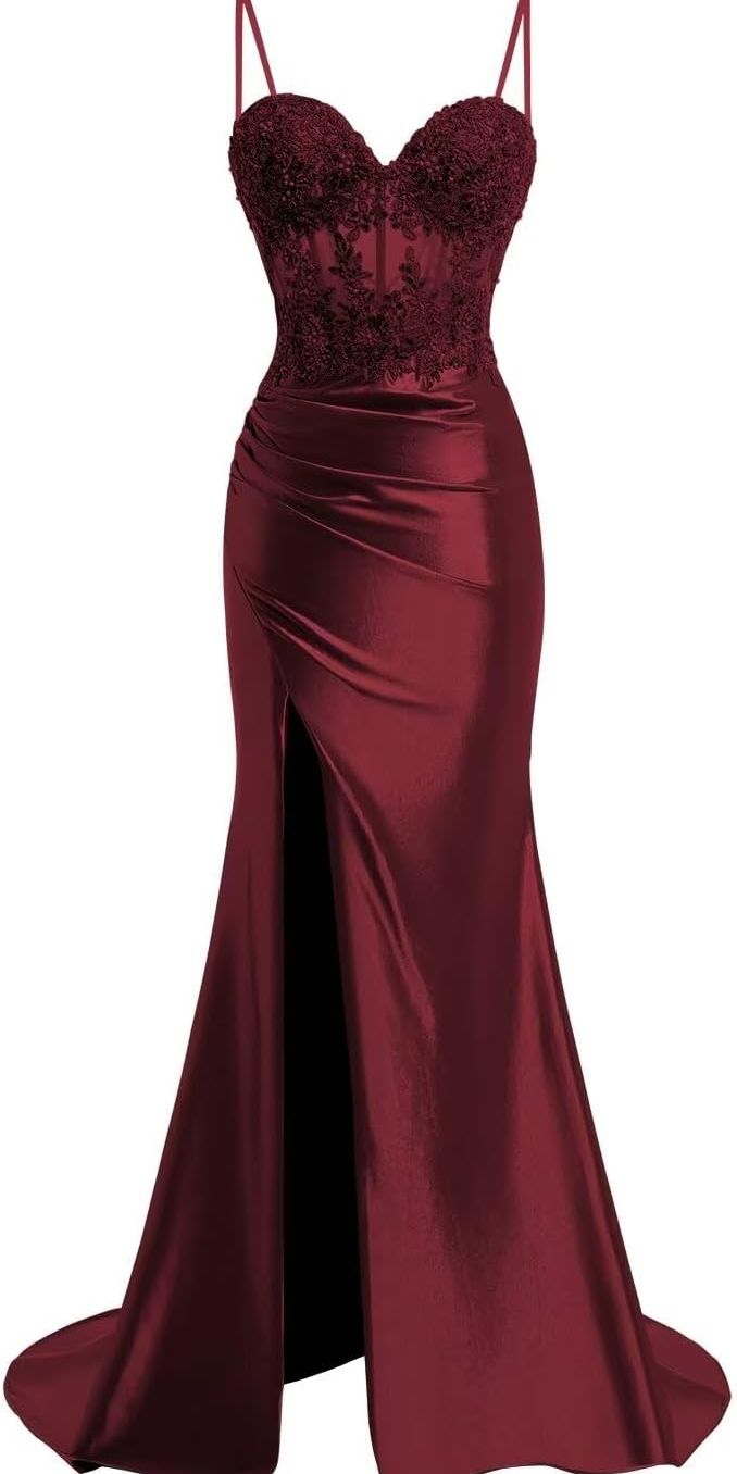 Stunning Mermaid Spaghetti Straps Burgundy Satin Slit Prom Dresses Ins ...