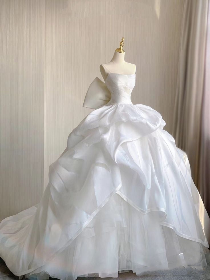 Dreamy Ball Gown Strapless White Tulle Long Fitted Wedding Dress Fairy ...