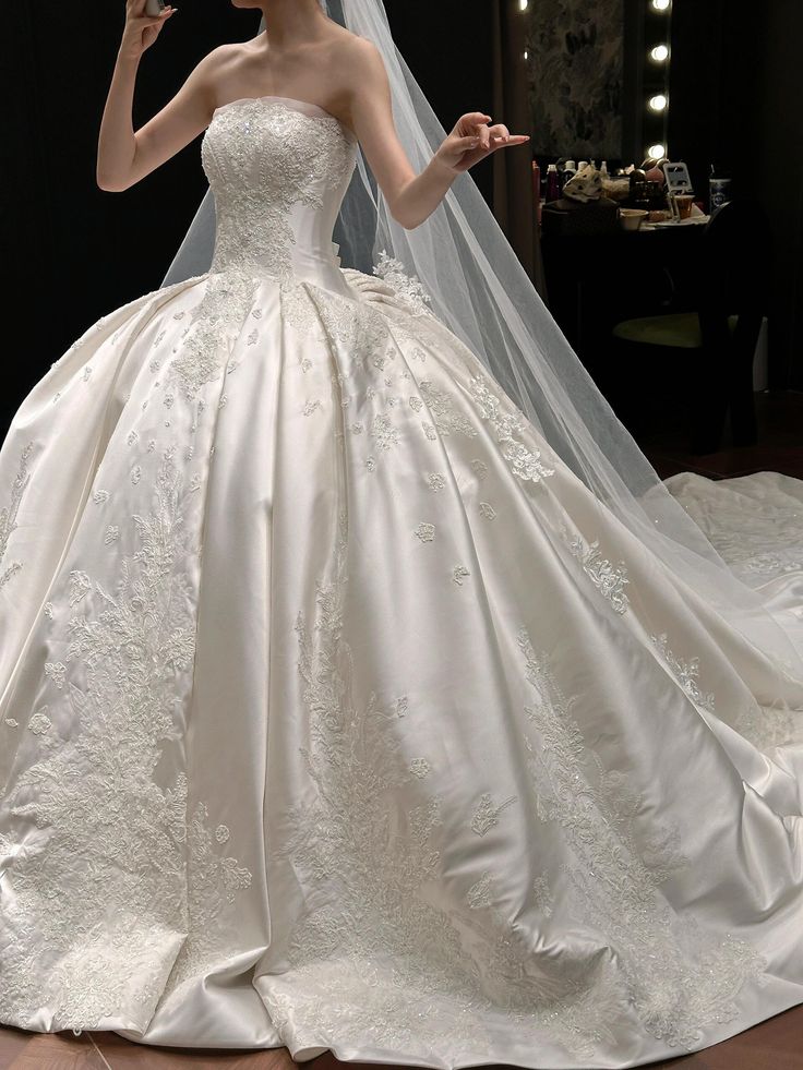 Dreamy Ball Gown Strapless White Satin Long Fitted Wedding Dress Fairy ...