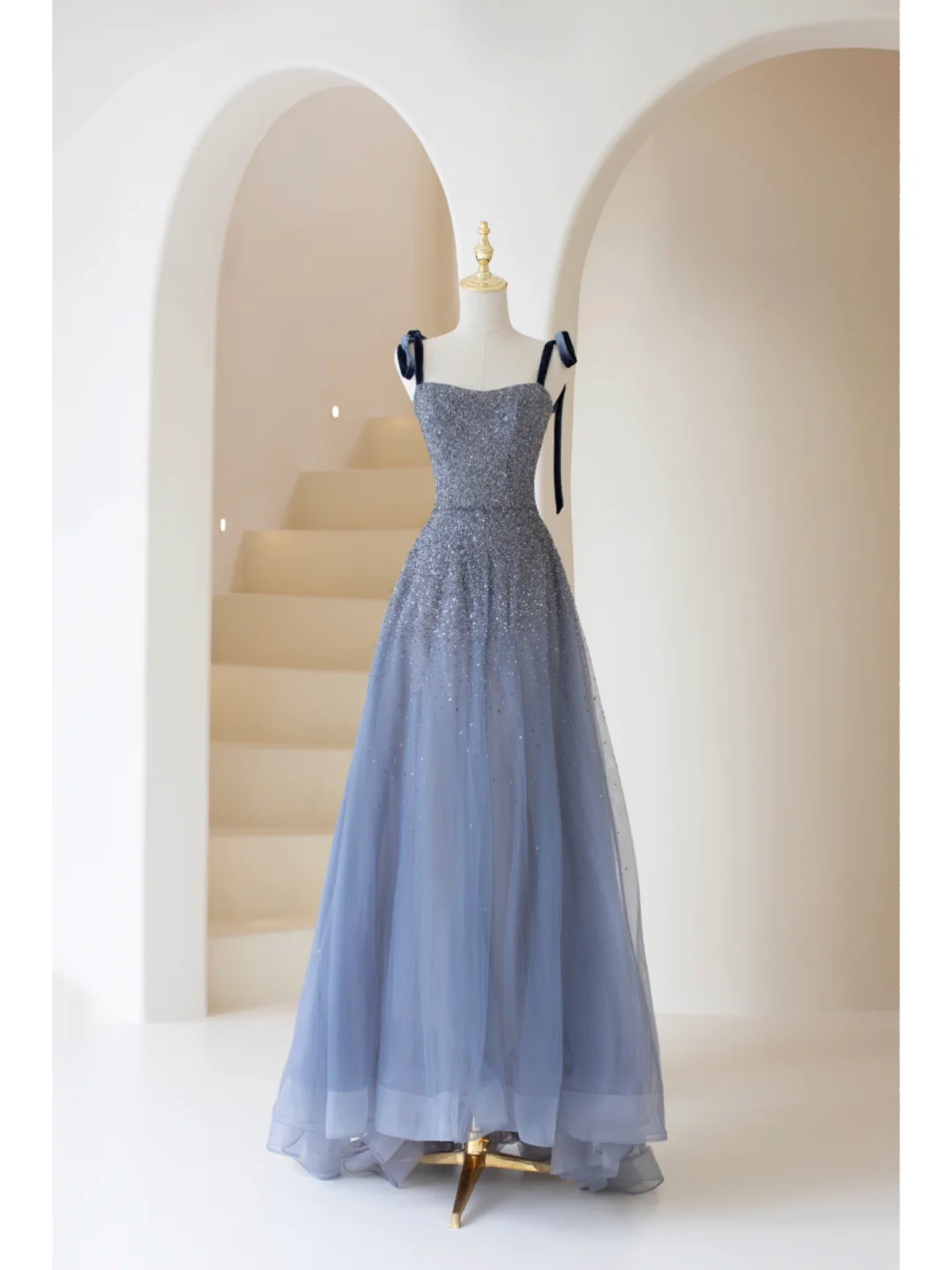 Timeless A line Spaghetti Straps Blue Silk Tulle Long Prom Dresses Ins ...