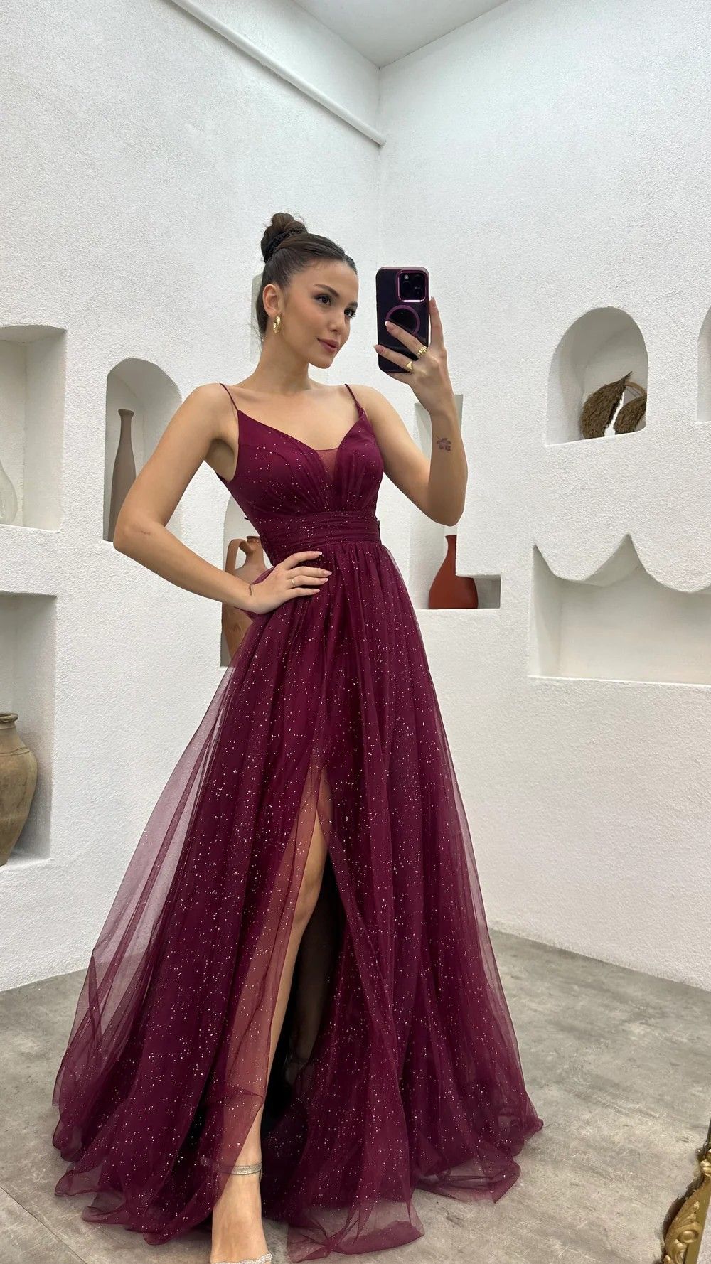 Timeless A Line Spaghetti Straps Sequin Burgundy Slit Prom Dress Inspi ...