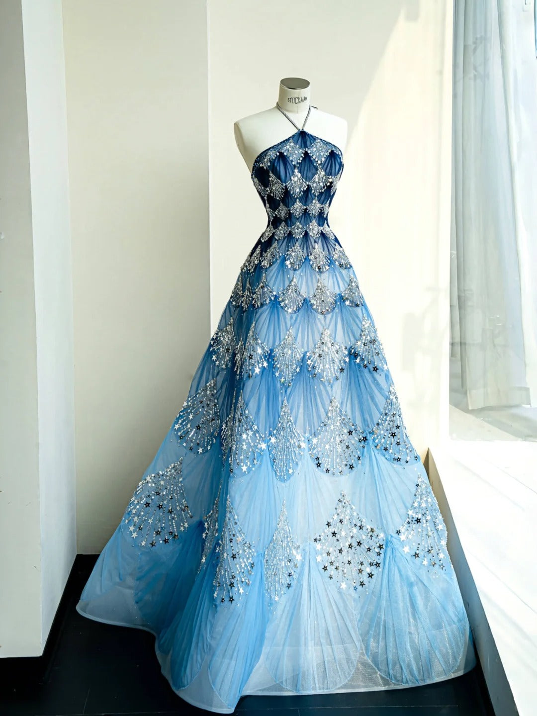 Mesmerizing Ocean Blue Halter Neck A-Line Sequin Tulle Long Prom Dress ...